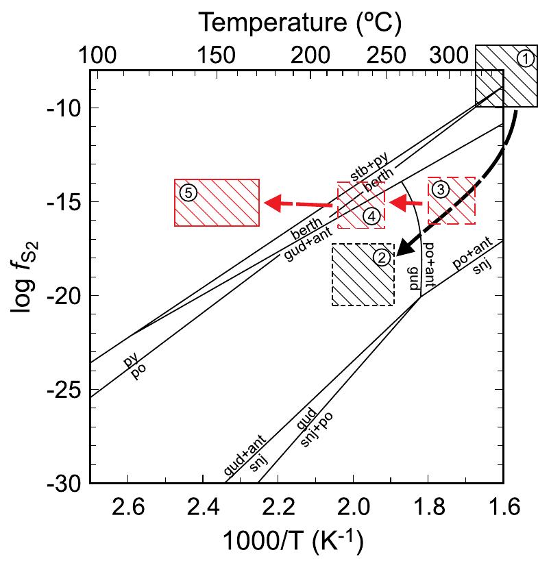 A temperature—sulfur fugacity phase diagram for the system