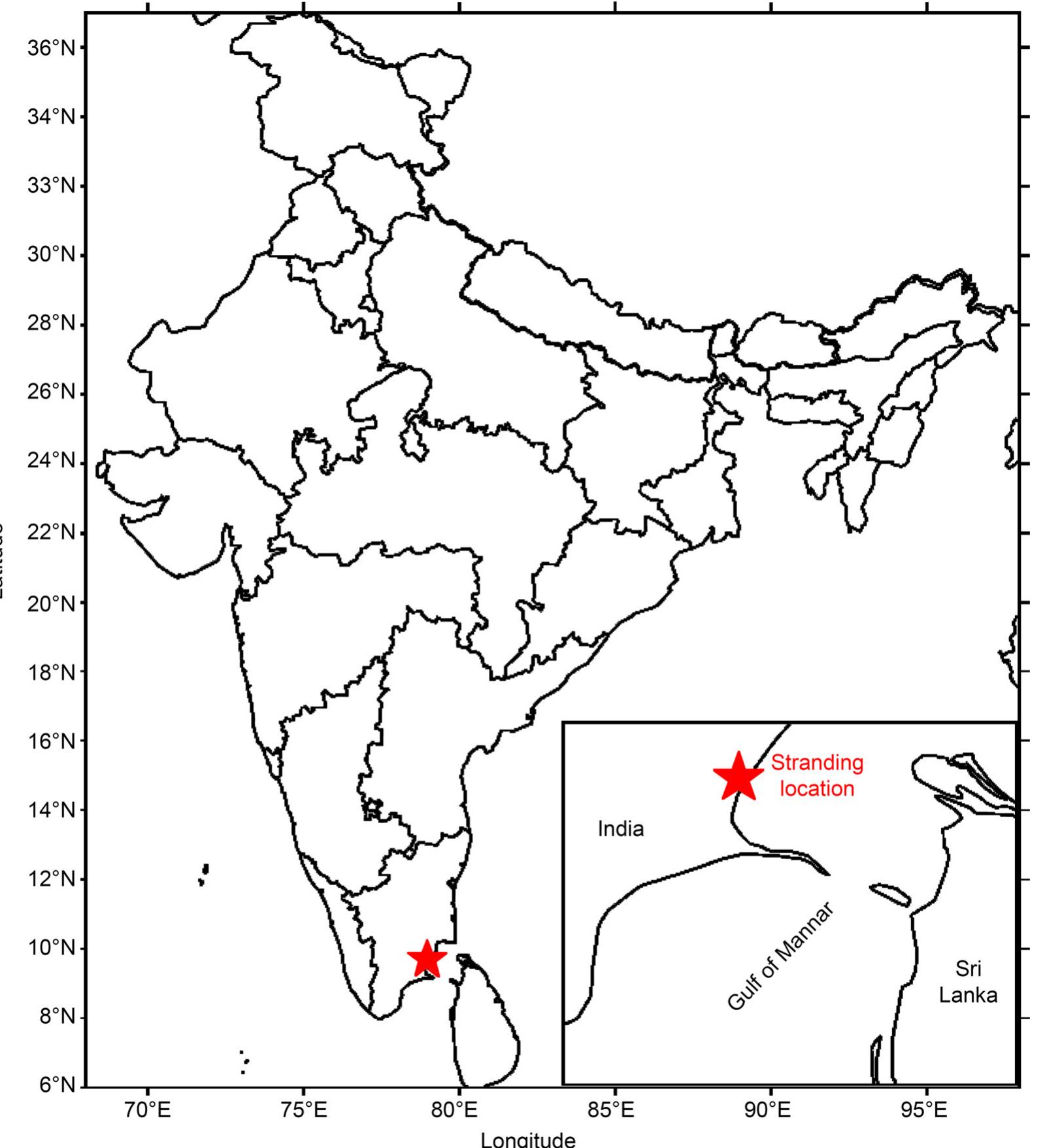 Map of bay of bengal showing the stranding location (red