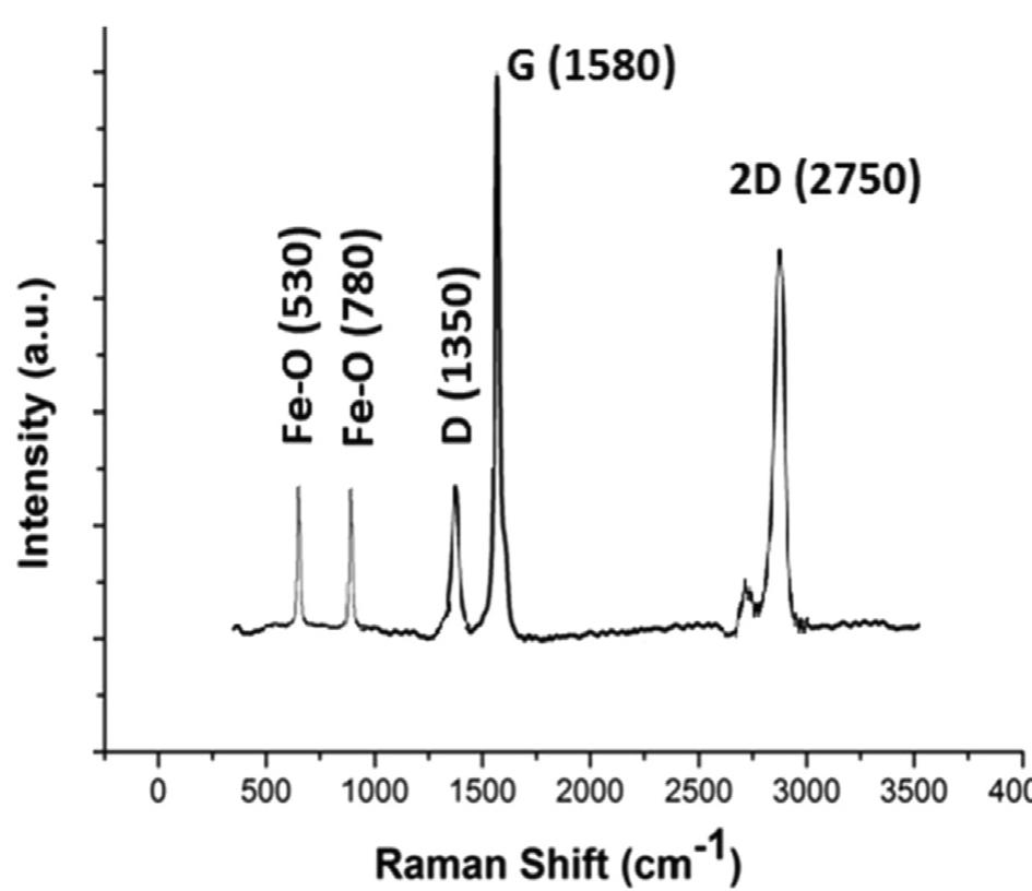 Micro raman spectra of iron oxide-go (2 wt%) composite.
