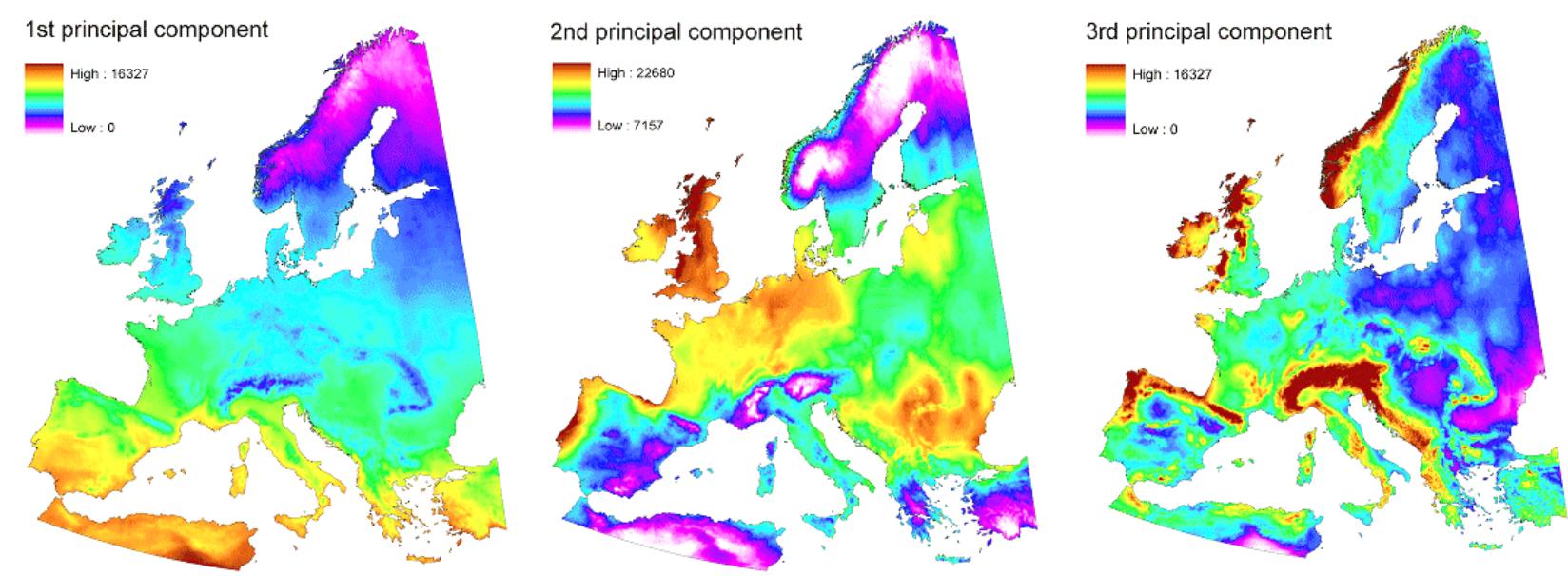 2 maps of the first three principal components, together