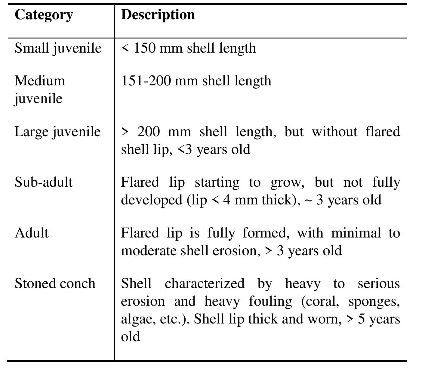 Description of queen conch size classification. adapted from