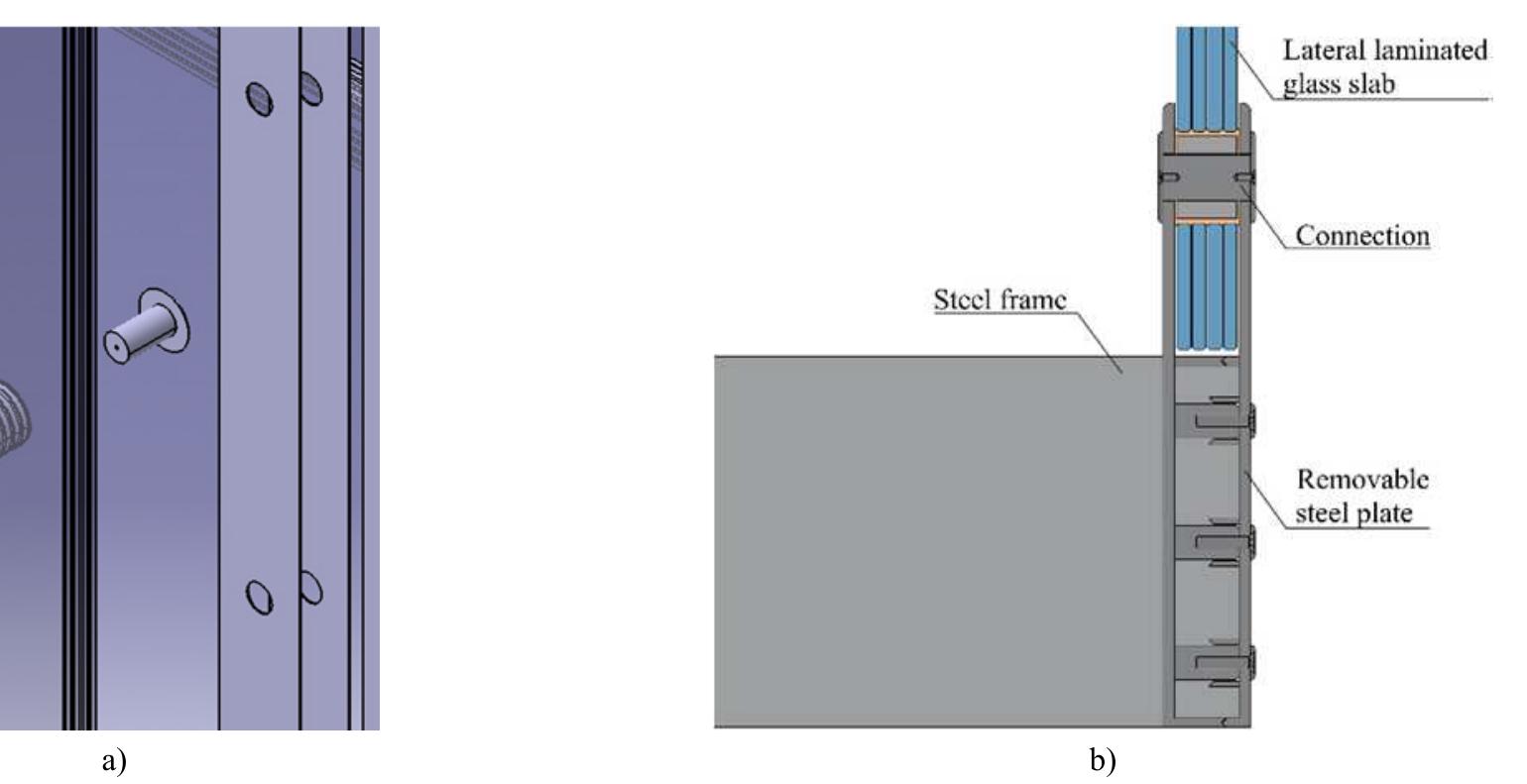 A) exploded view of the vertical glass slab-to-steel frame