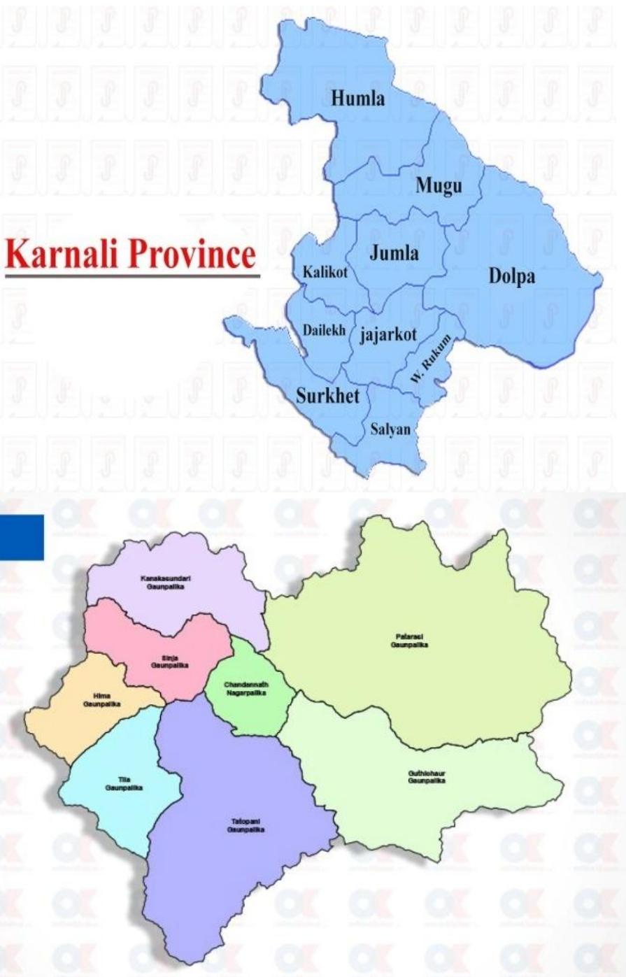 Left: map of karnali province with 10 districts. right: map