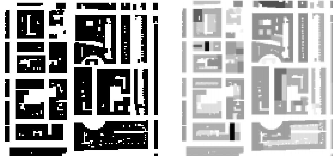 ,2. urban ground map showing built and unbuilt areas (1) and