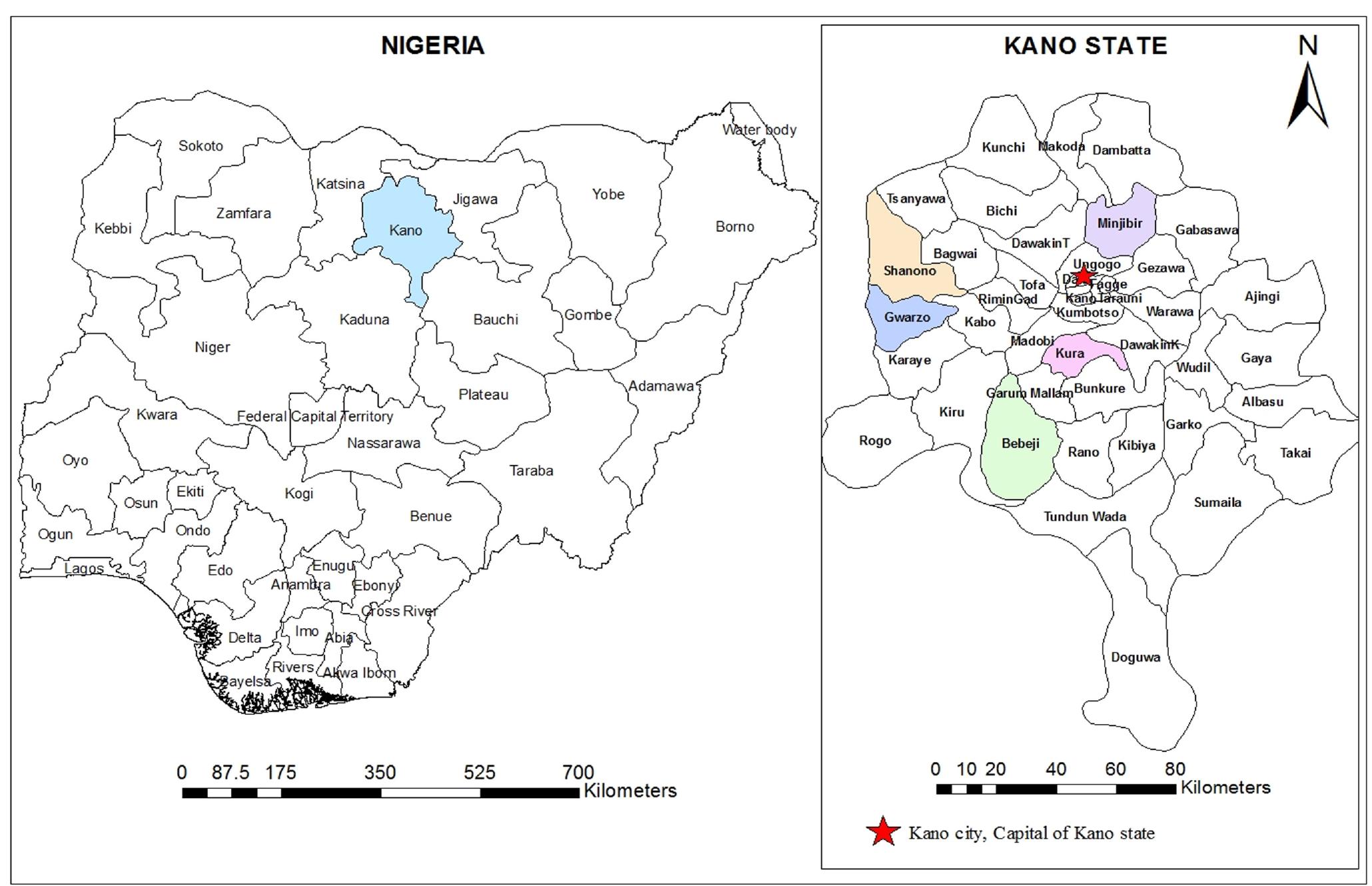 A geographic map showing the location of kano state and the