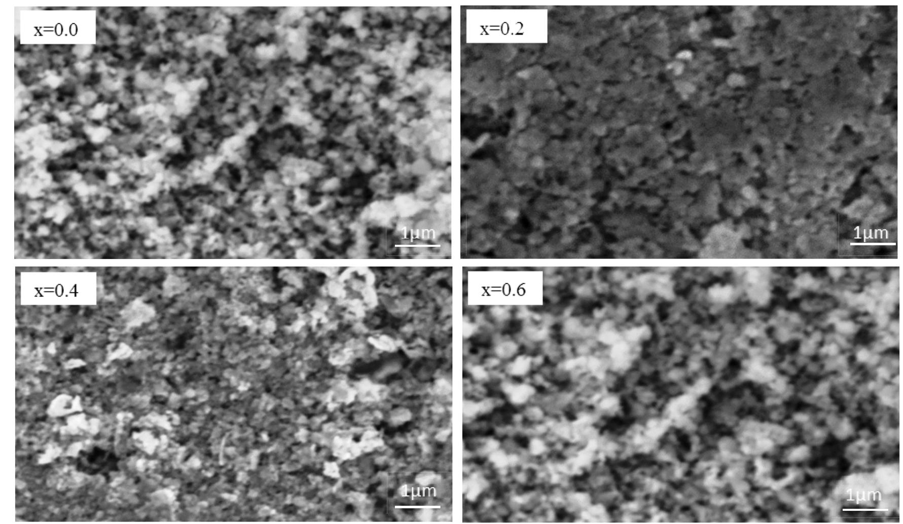 Sem micrograph of co;_,zn,fe.04 (x = 0.0, 0.2, 0.4, 0.6)