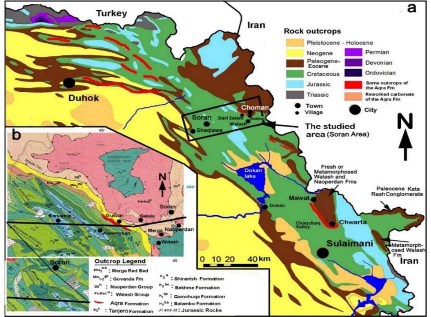 Location map of the soran and penjween areas, b) geological