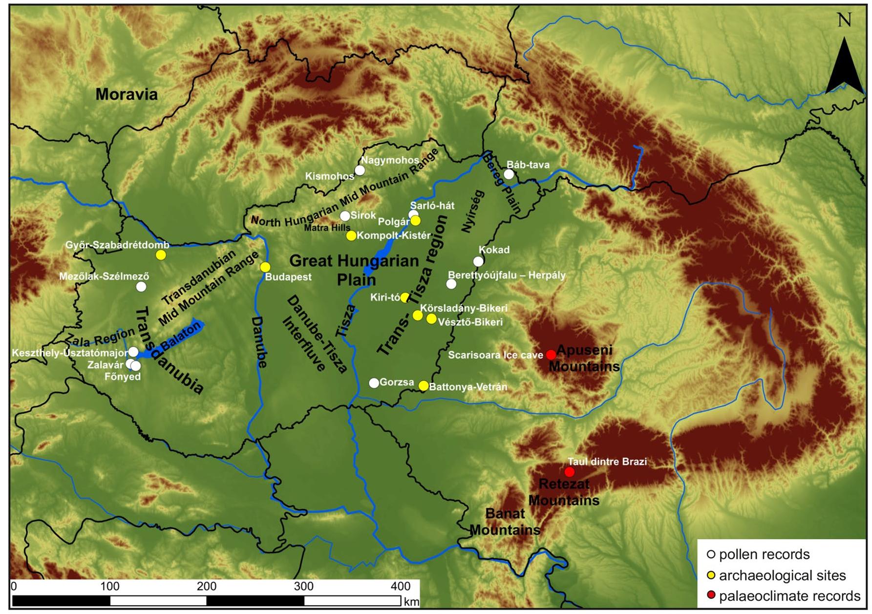 Map of the carpathian region with the location of sites and