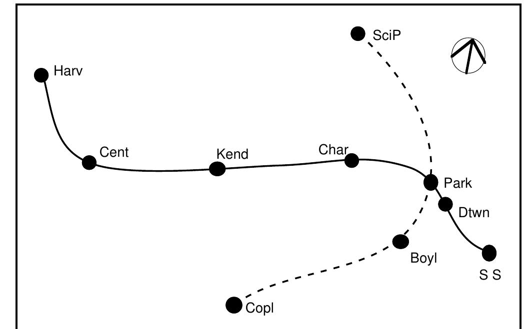 This crude map of a part of the boston subway system