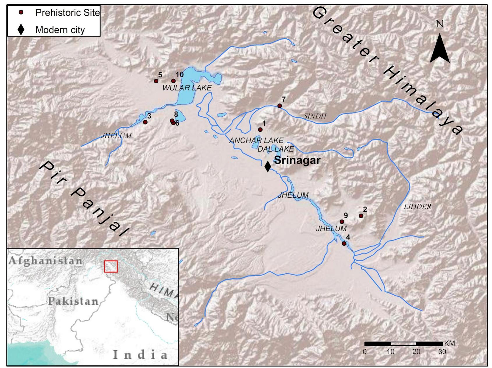 The kashmir valley, showing location of sites: 1. burzahom;