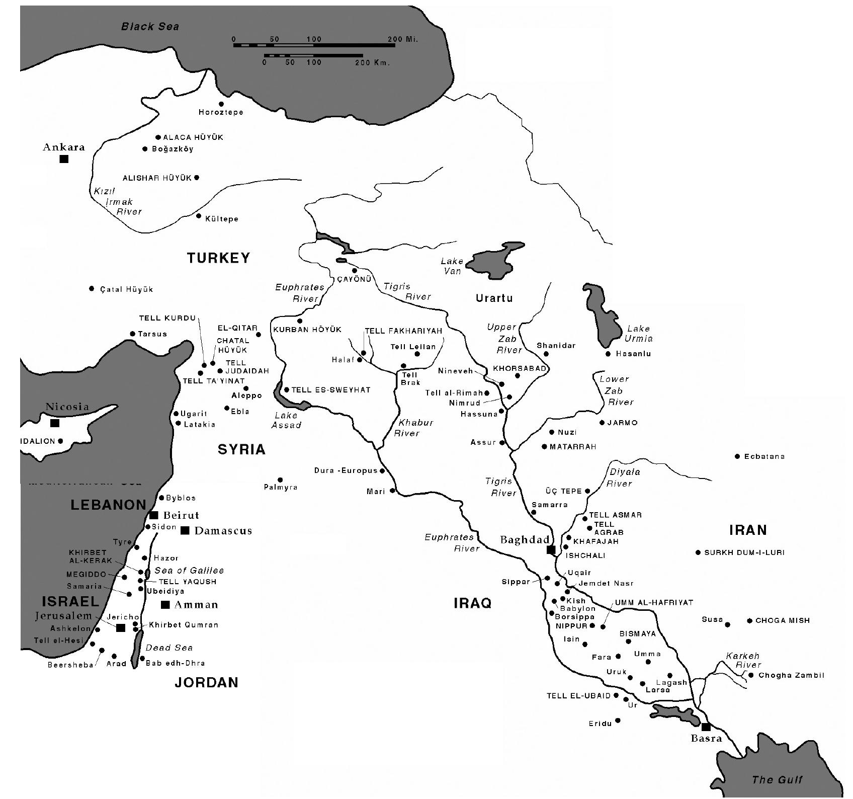 Map of mesopotamia showing major archaeological sites (@)