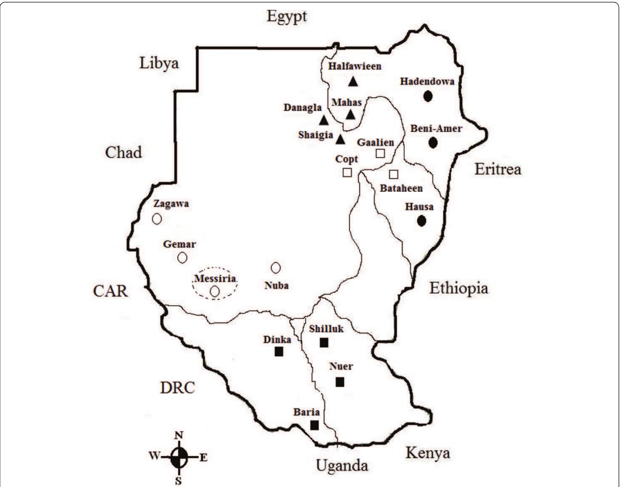 Map of the sudan representing the geographic locations of
