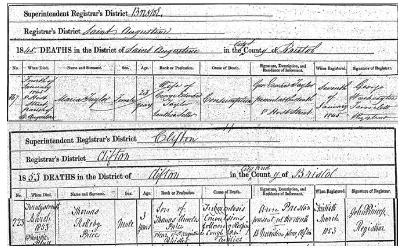 2 death certificates of maria taylor and thomas rokeby