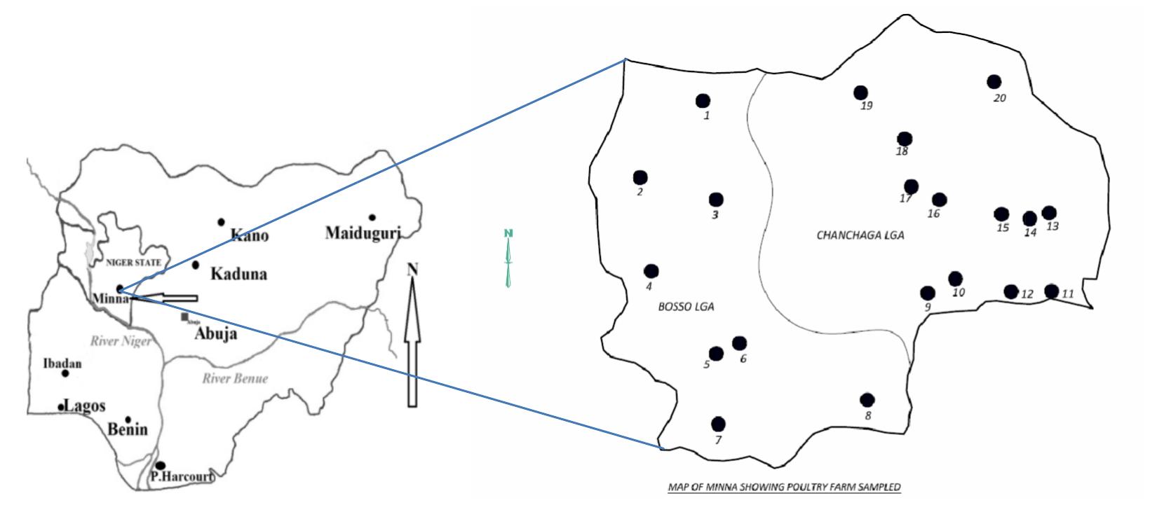 Map of nigeria showing minna and map of minna showing