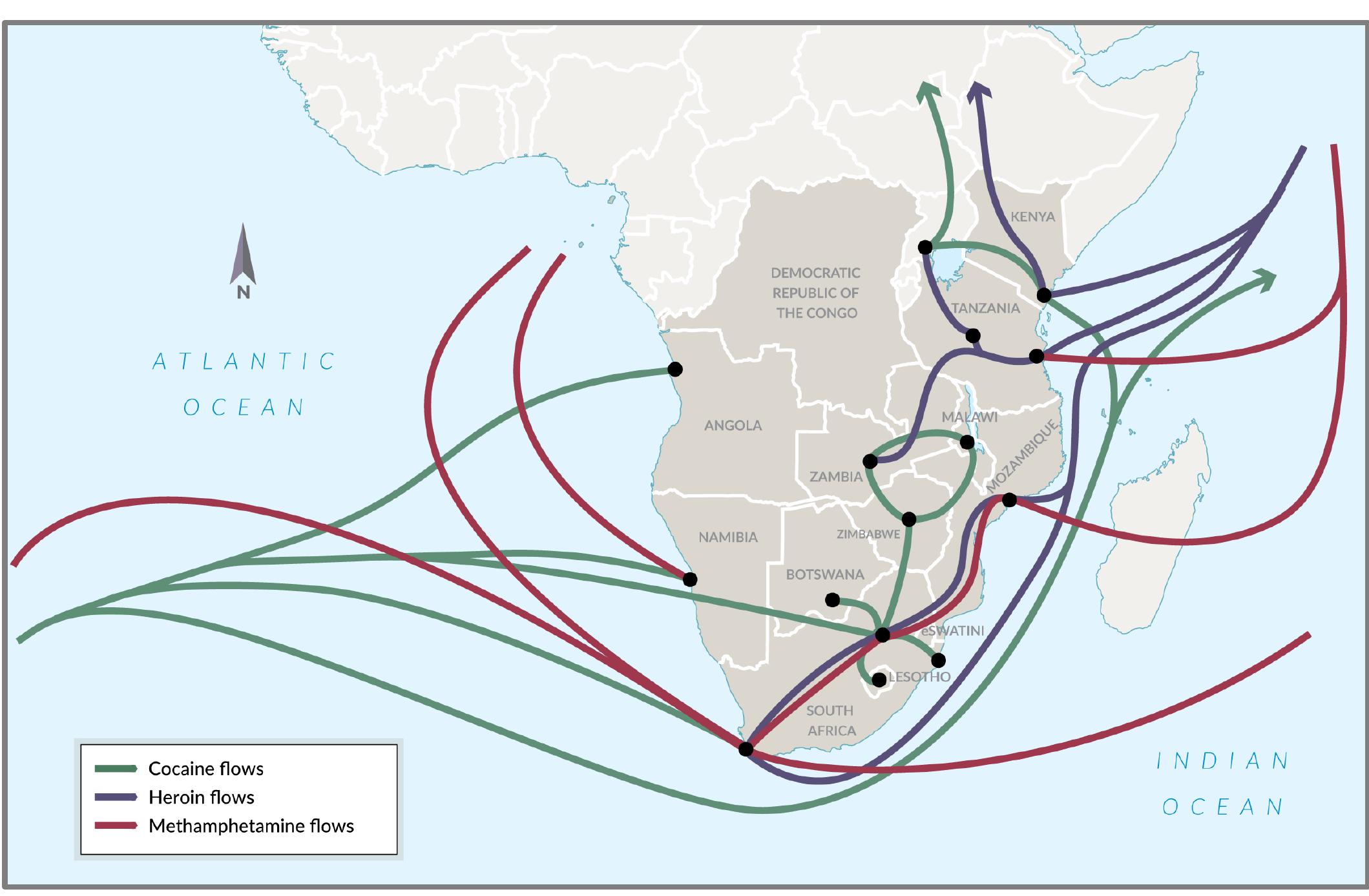 Simplified international supply chain flows for