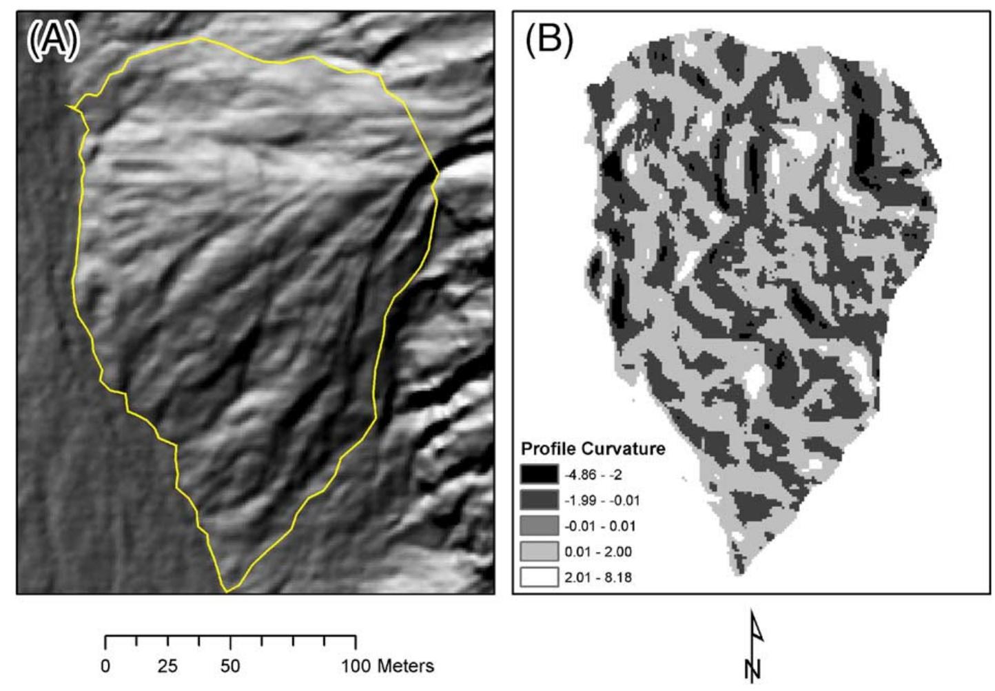 Df09: (a) shaded relief map; (b) profile curvature map.
