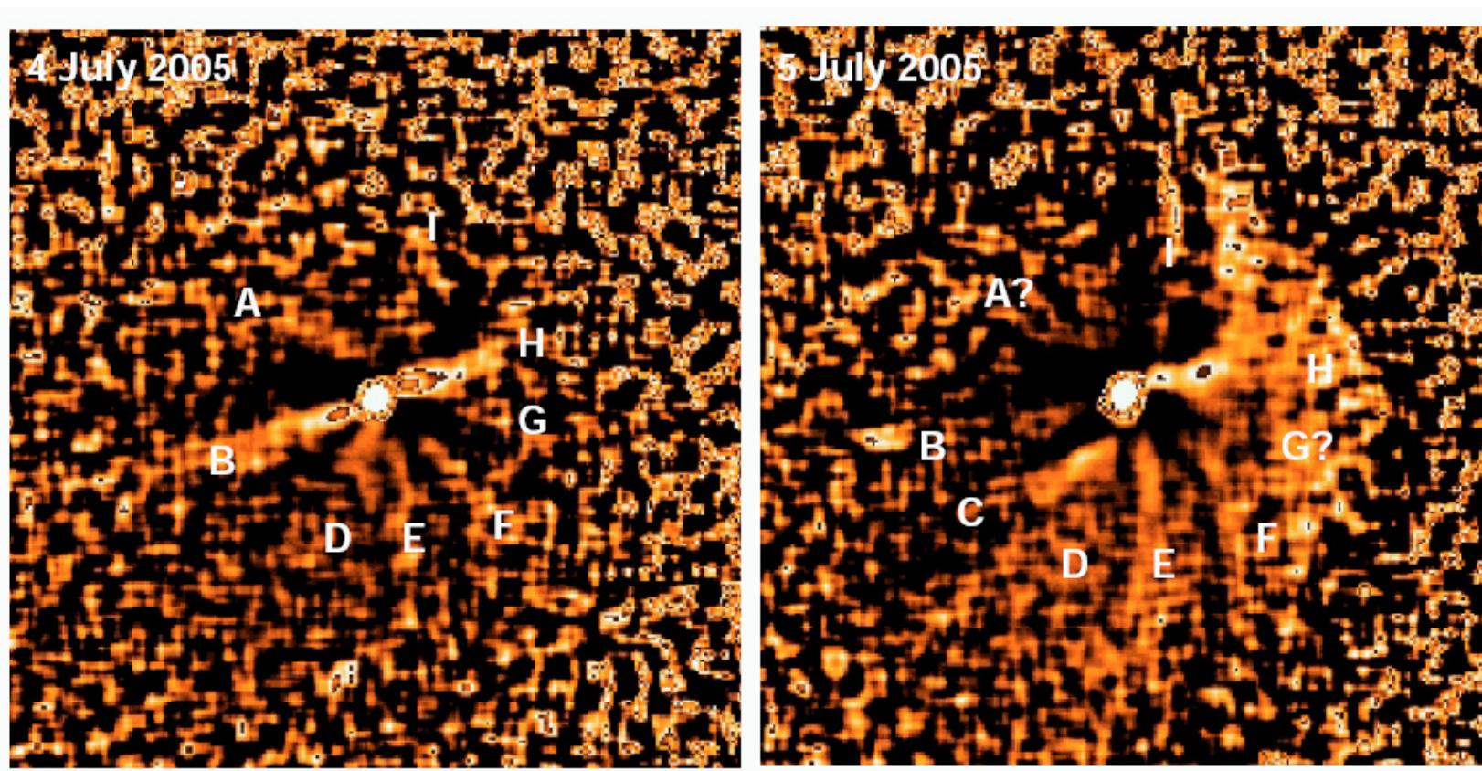 Examples of laplace-filtered images of 9p/tempel 1, taken