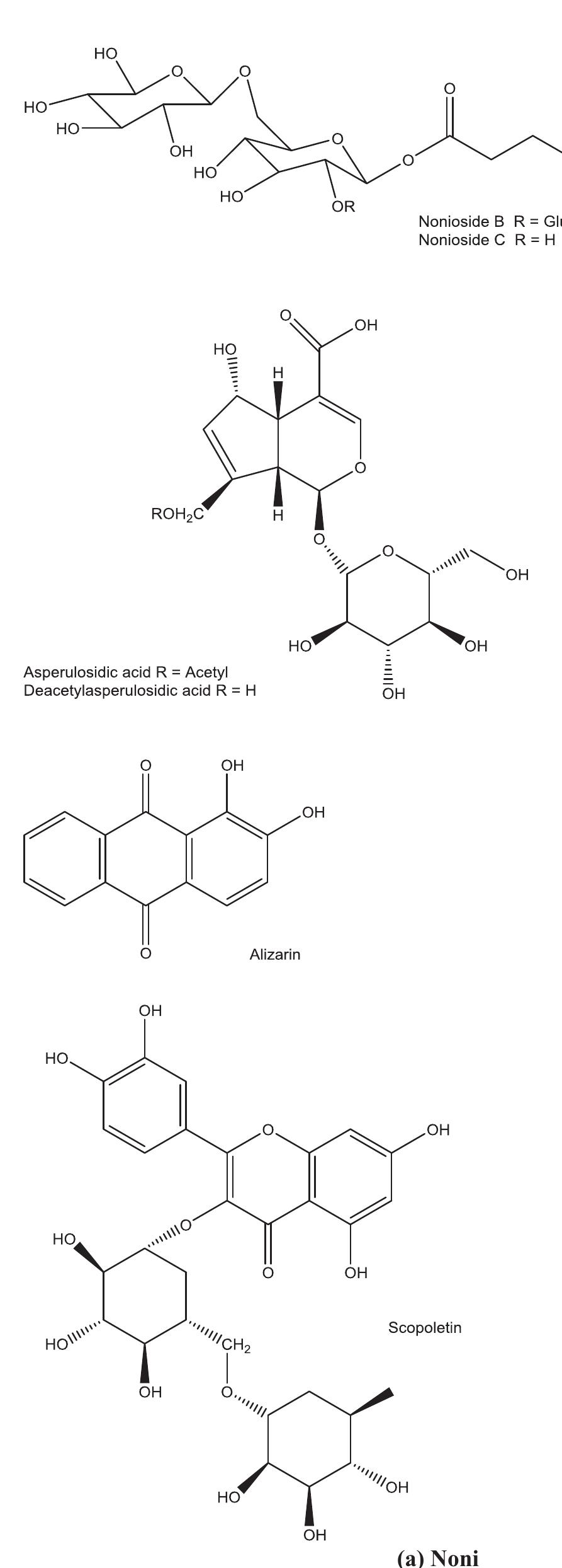 Structures of the unique phytochemicals reported in (a) noni