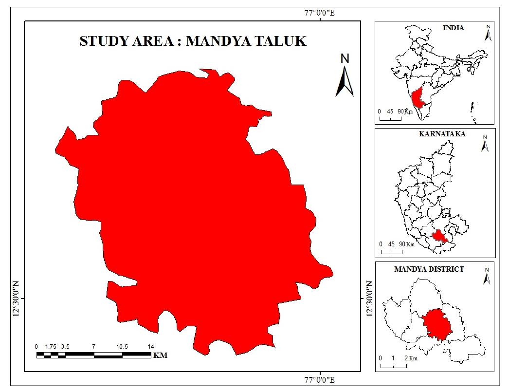 Location map of mandyataluk the mandya taluk lies between