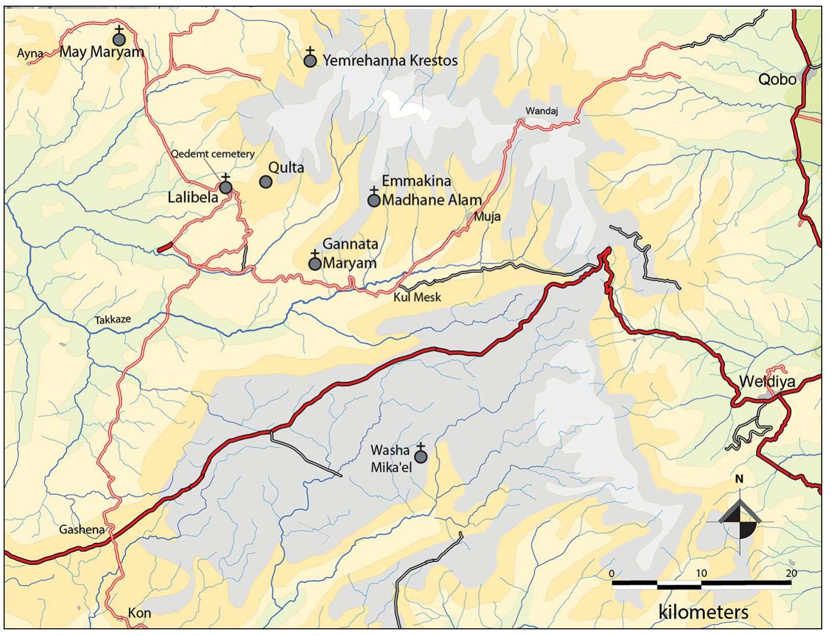 Map of lalibela, washa mikael and other rock-cut sites in