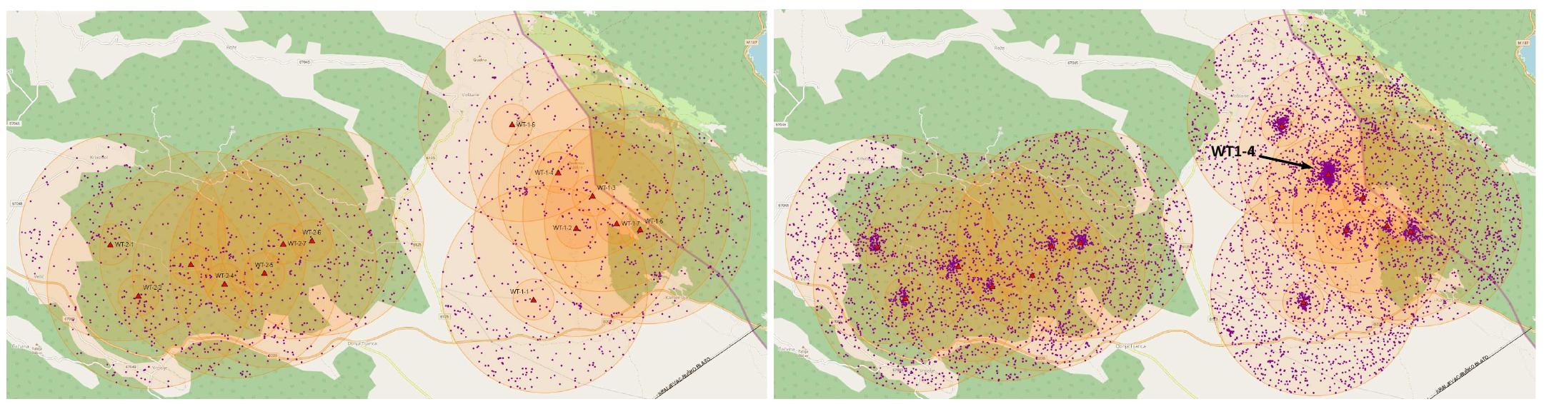 Map of the wpp location with visible strikes before (left)