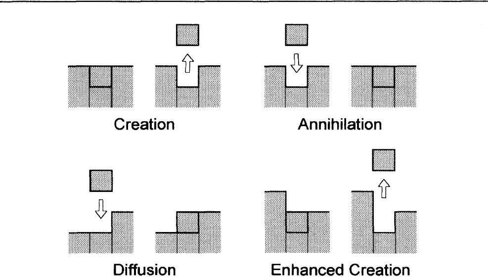 Schematic diagram showing creation, annihilation, diffusion,