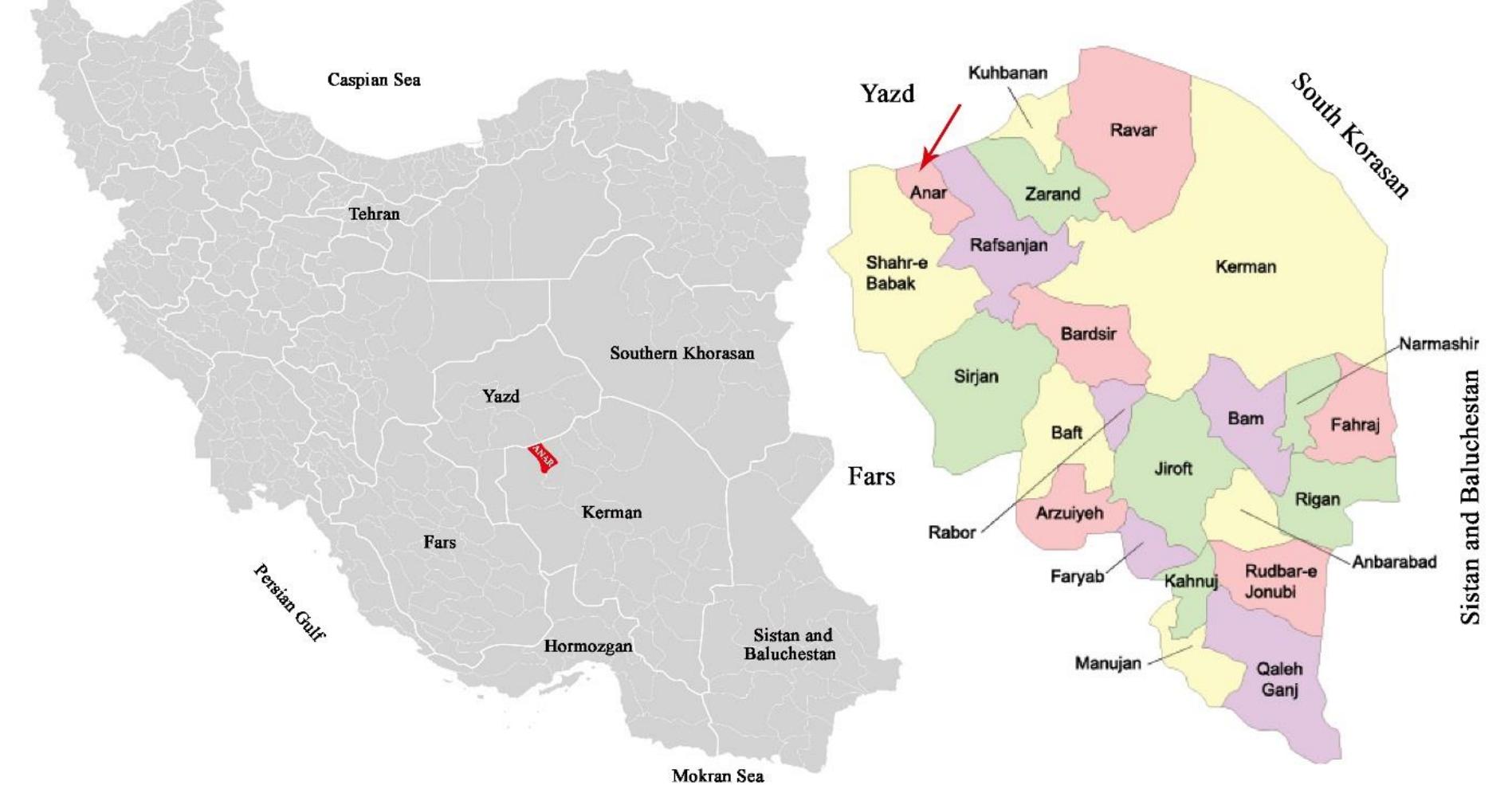 Map of iran and the political divisions of kerman province.