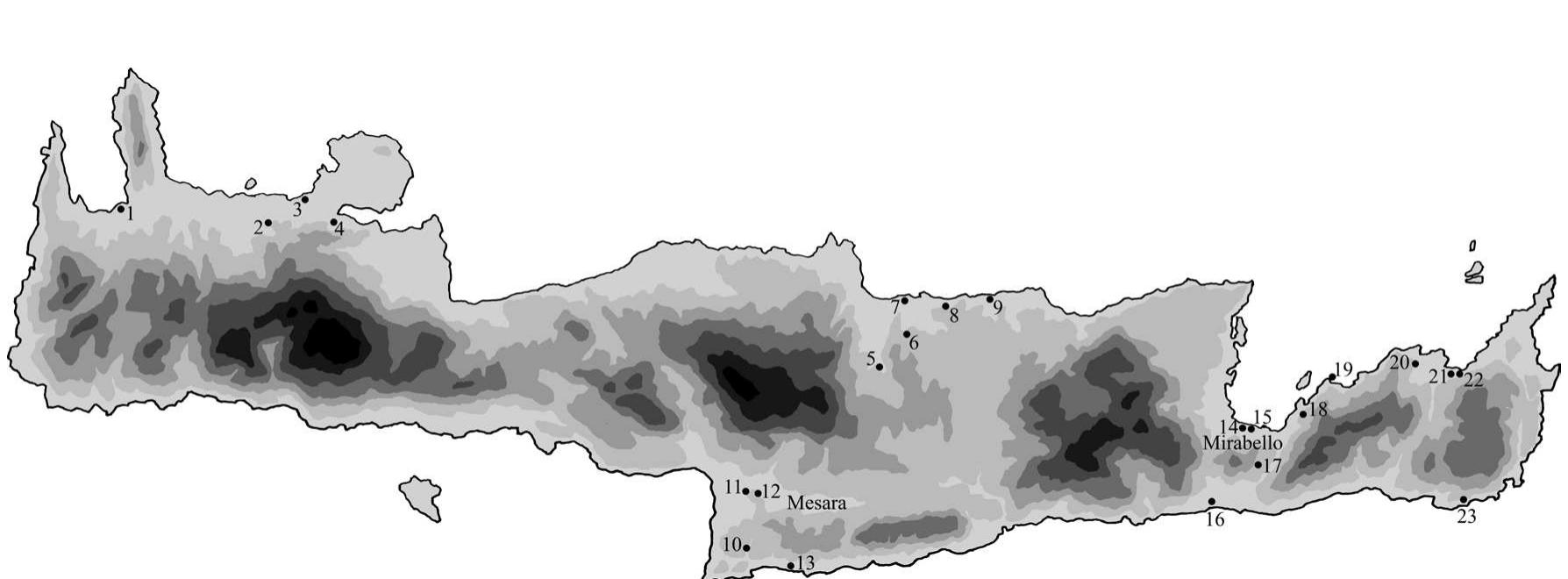 Map of crete with sites mentioned in the text: 1. nopigeia,