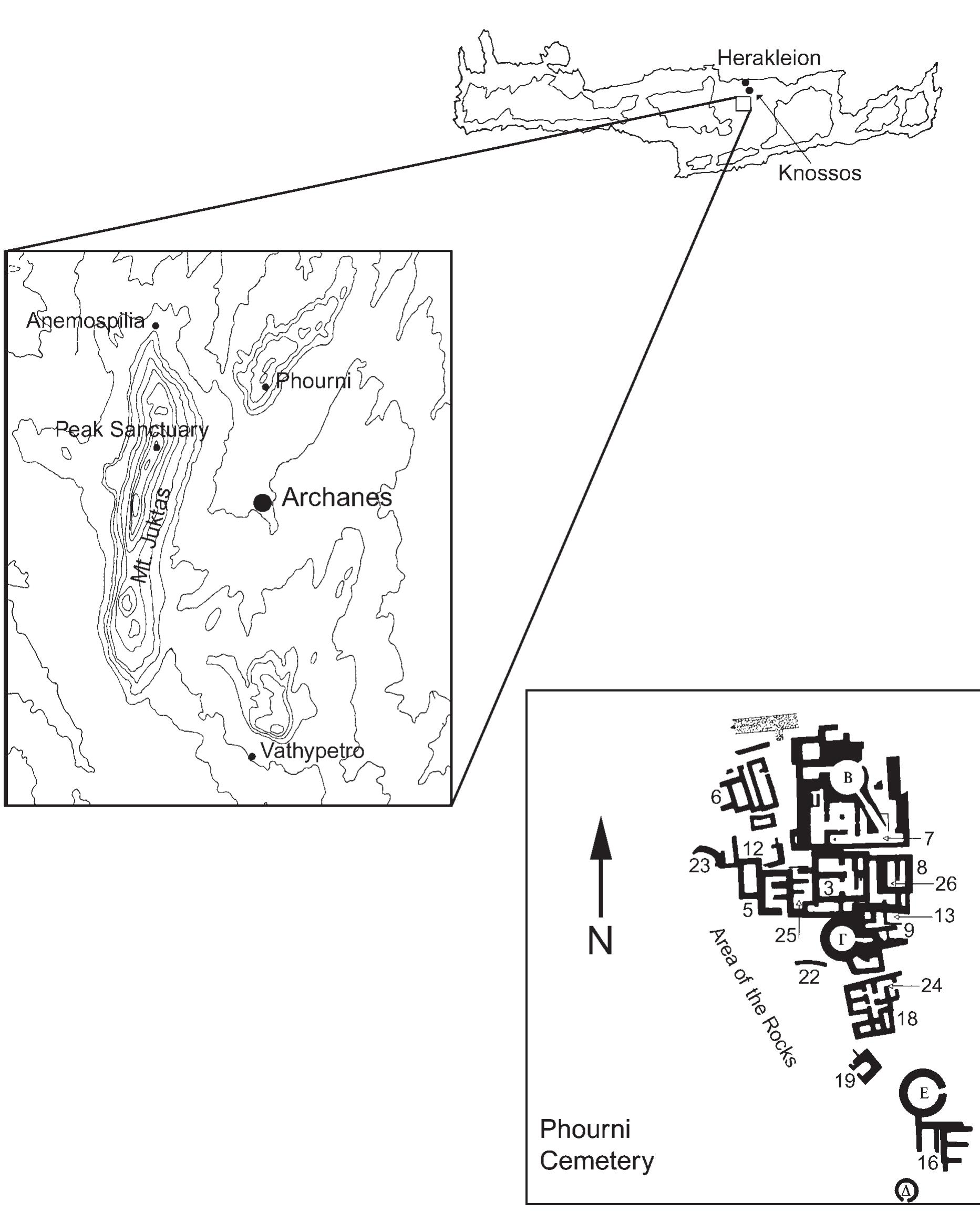 Maps of crete and the archanes area. plan of the phourni