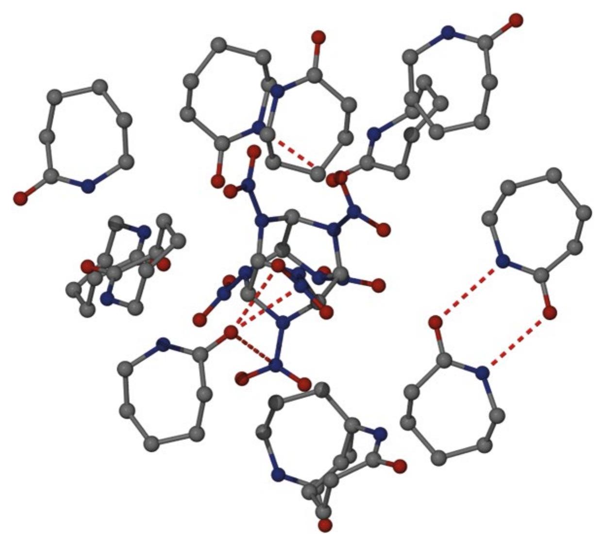 The 6:1 e-caprolactam and cl-20 cocrystal structure showing