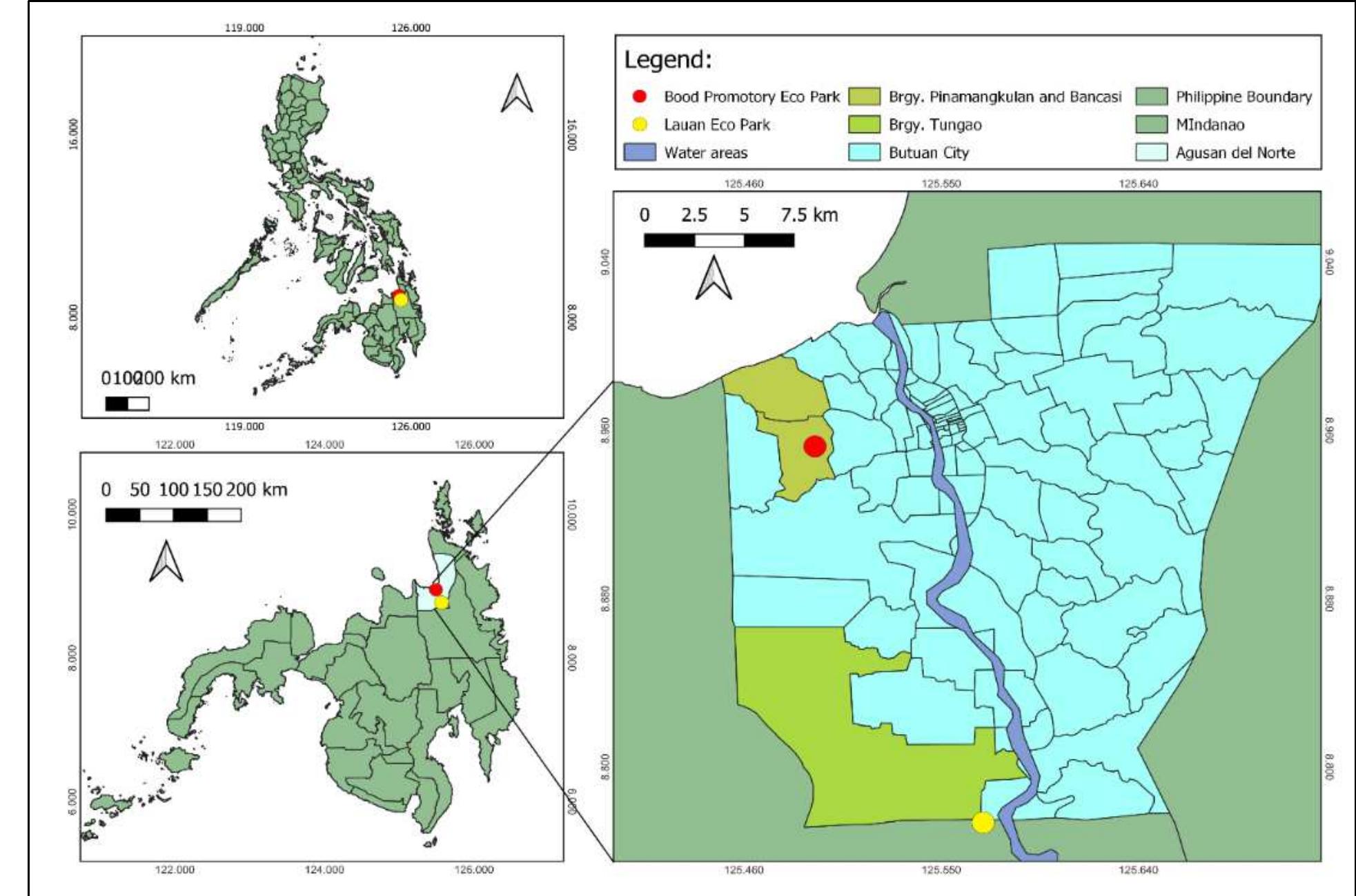 Study map showing the two ecological parks in butuan city: