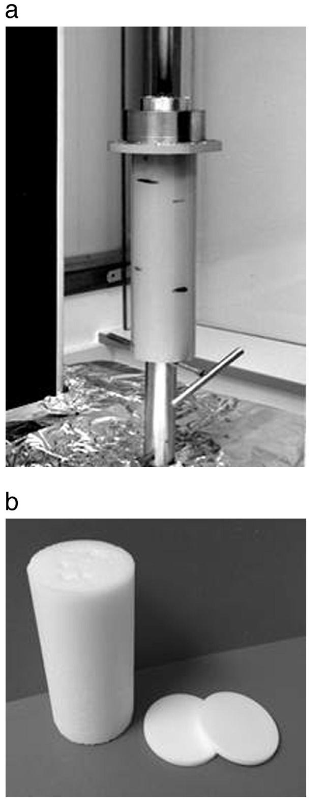 A) compression mold to form the sample; b) compressed sample