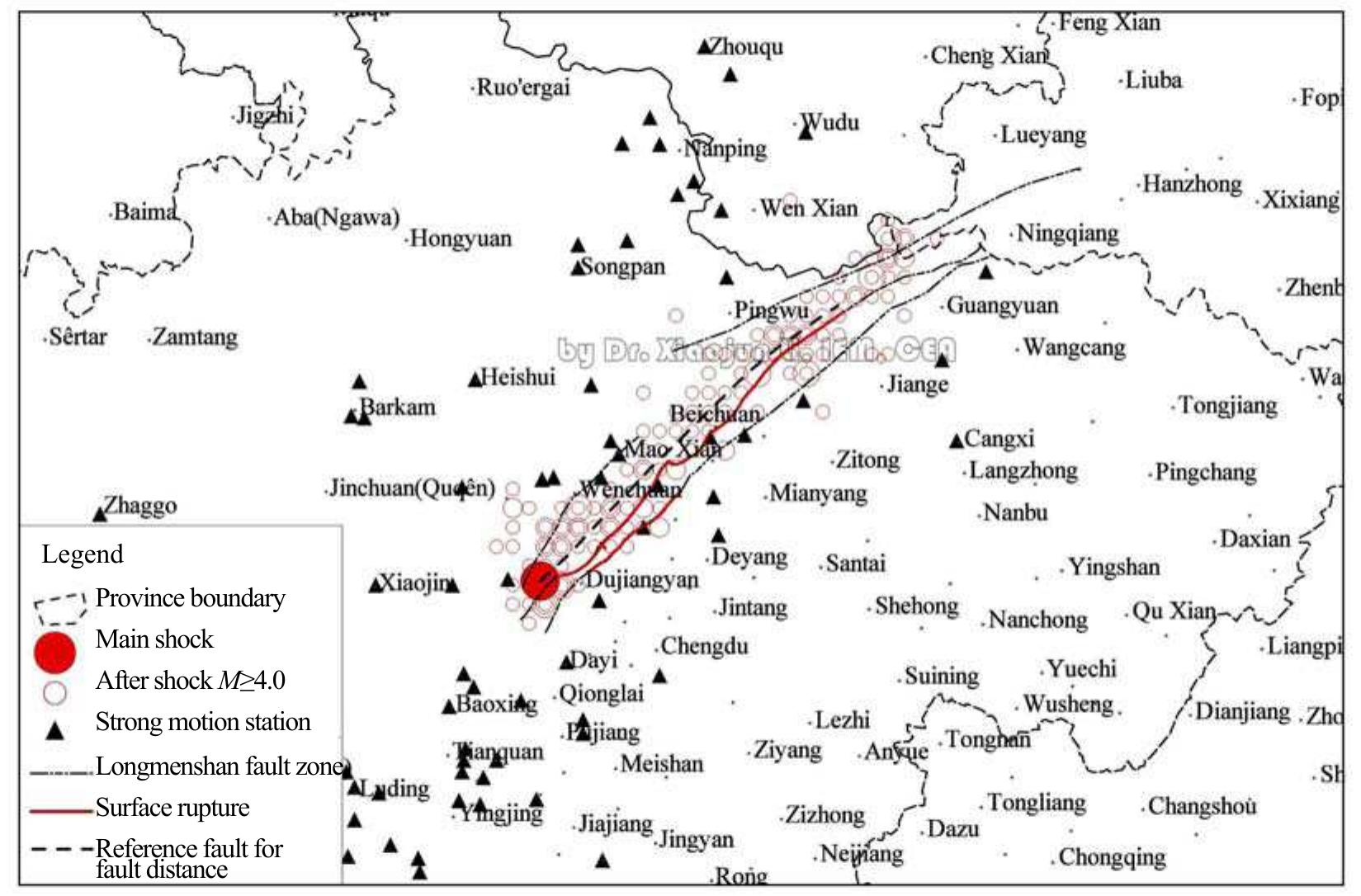 Positions of the surface rupture and reference fault for the