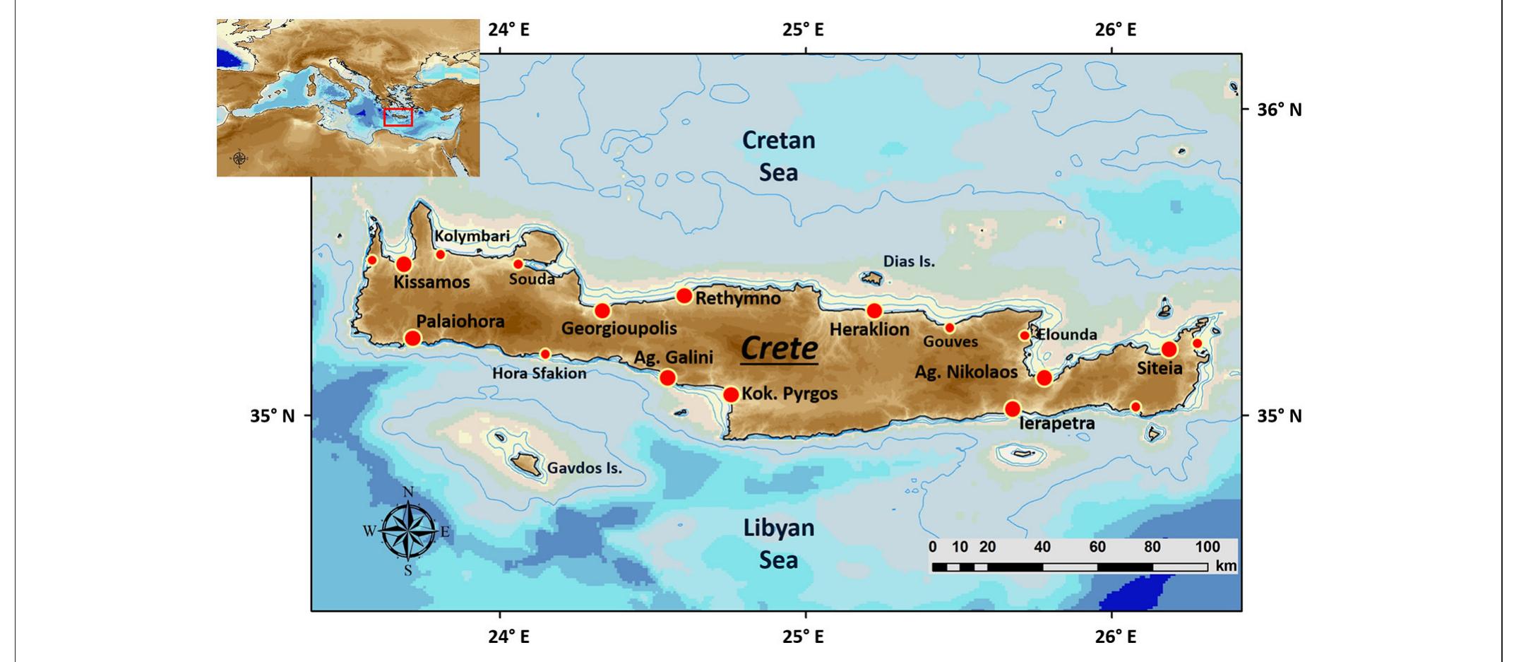 | map of crete, including main and peripheral ports. fishing