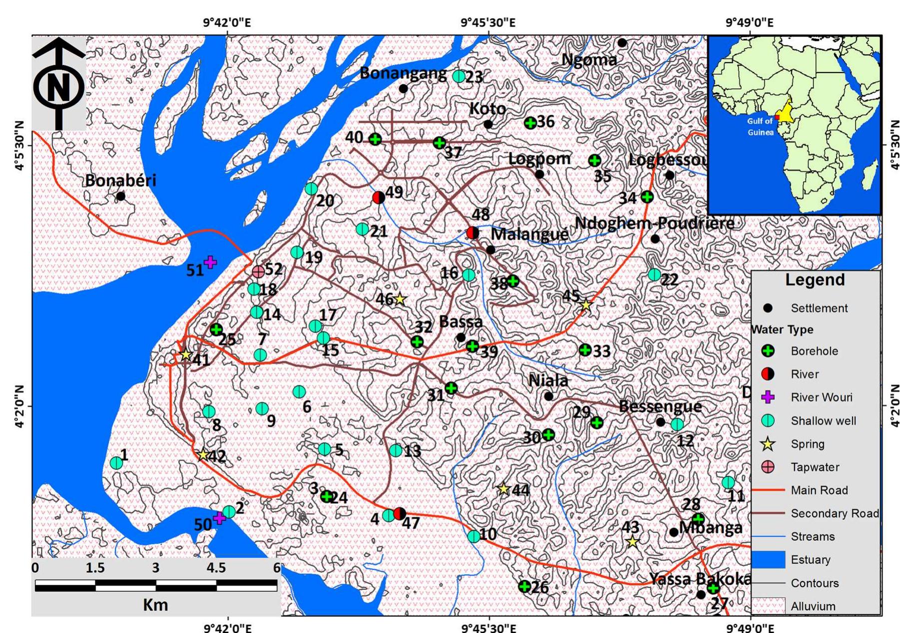Location, surface geological and elevation map of douala