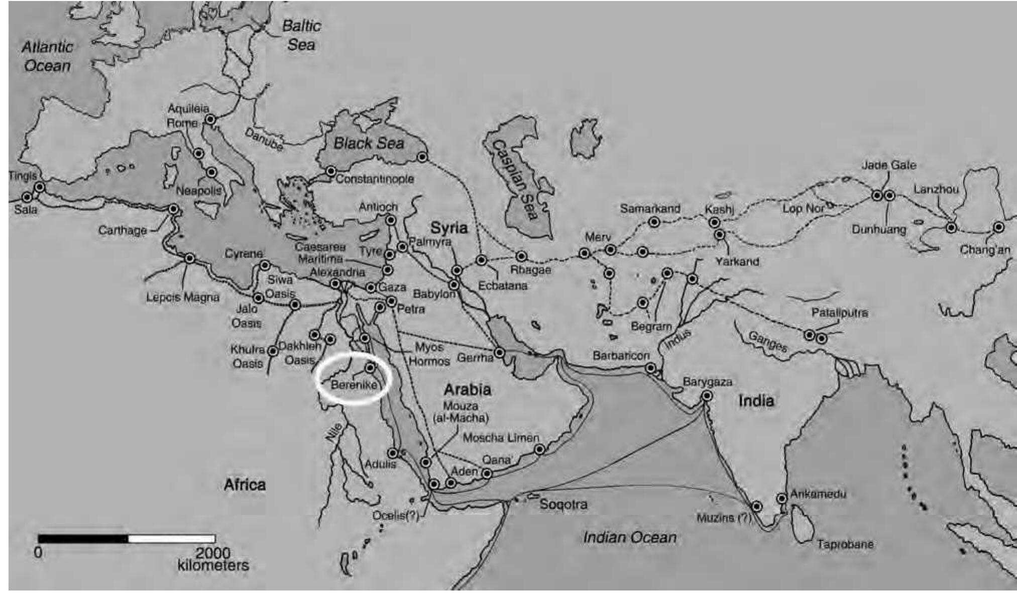 1: map of the trade routes — berenike circled (drawing by m.