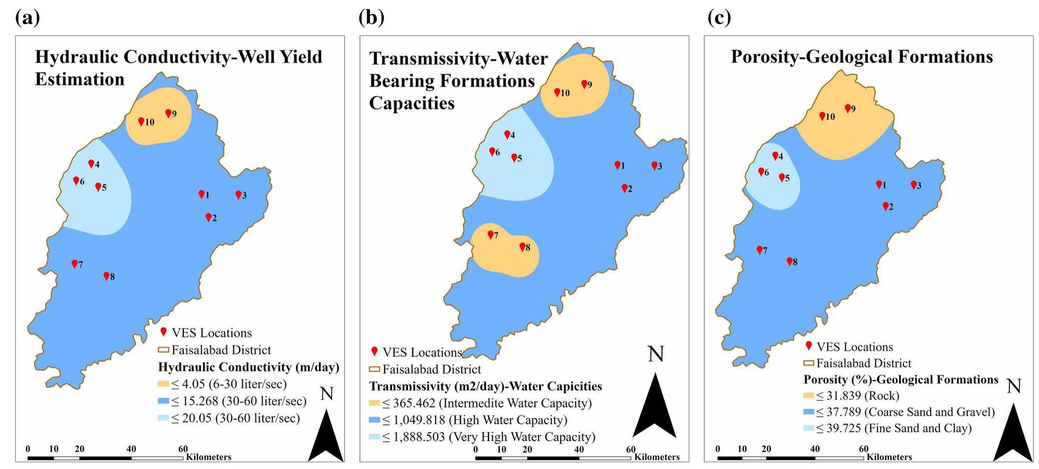 A well yield map. b formations’ water capacities map.