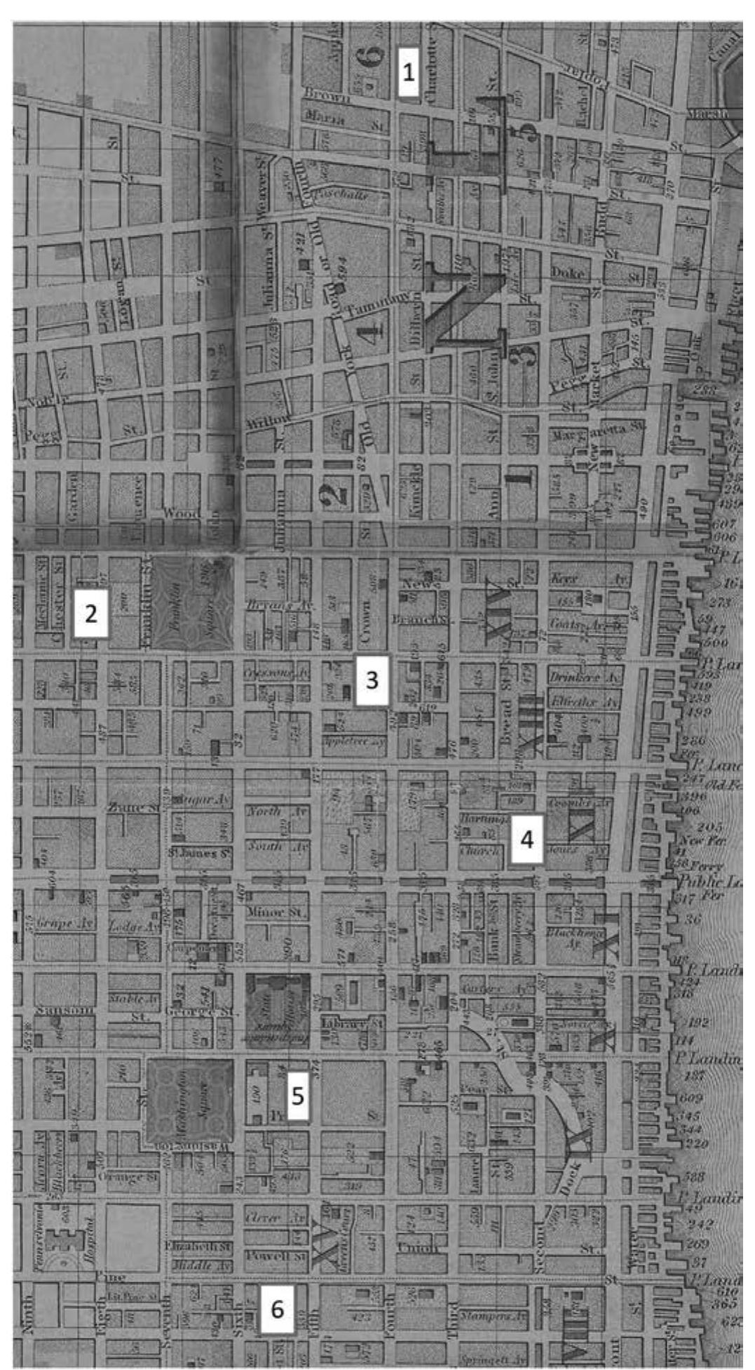 Locations of churches and schools, shown on plan of the city