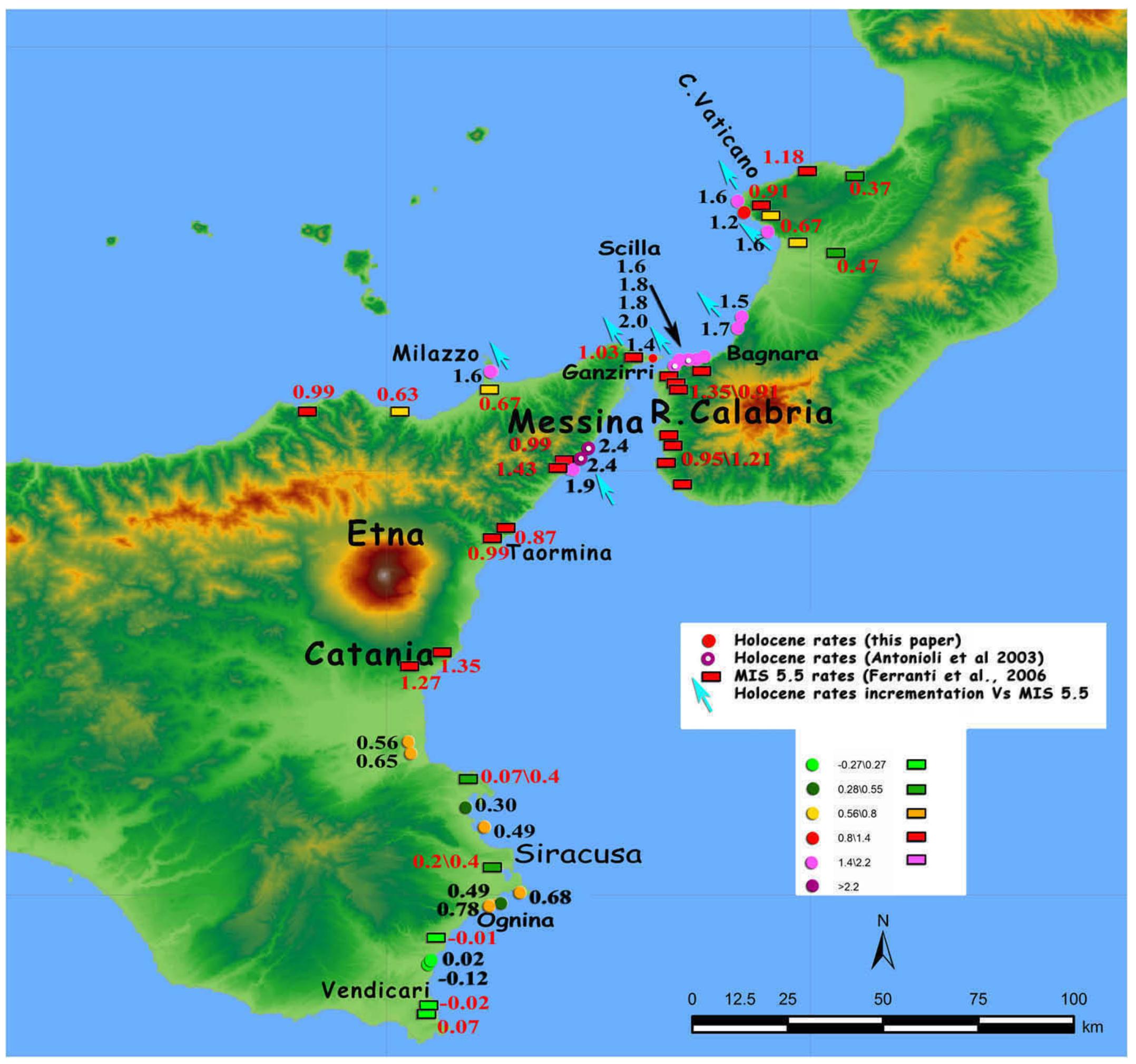 A detailed map of eastern sicily and southern calabria