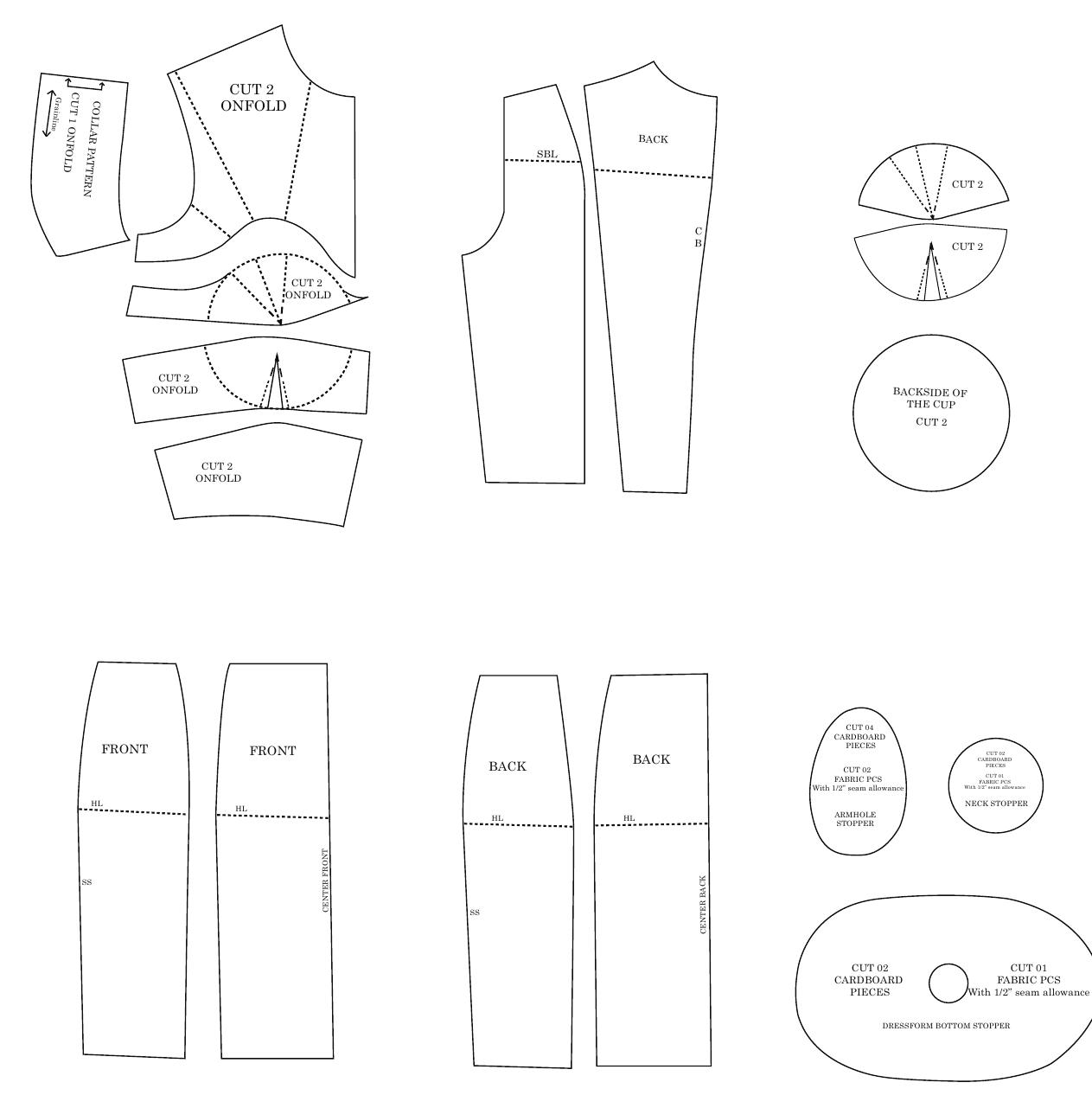 Pattern components of half scale dress form