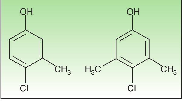 Chemical structure of chlorocresol (left) and chloroxylenol