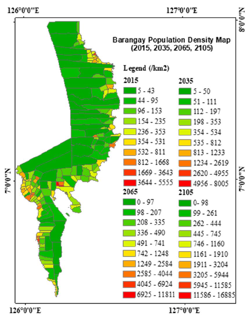 Barangay population density for 2015, 2035, 2065 and 2105 in