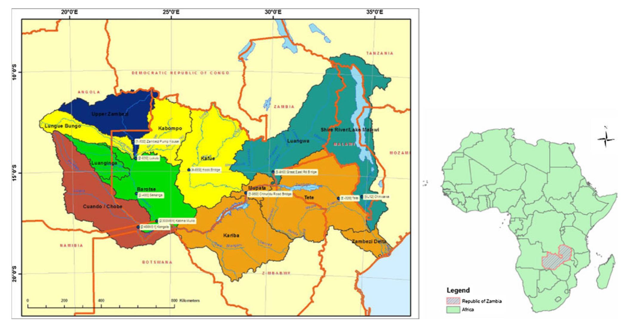 Map of the zambezi basin (coloured) showing the kafue river