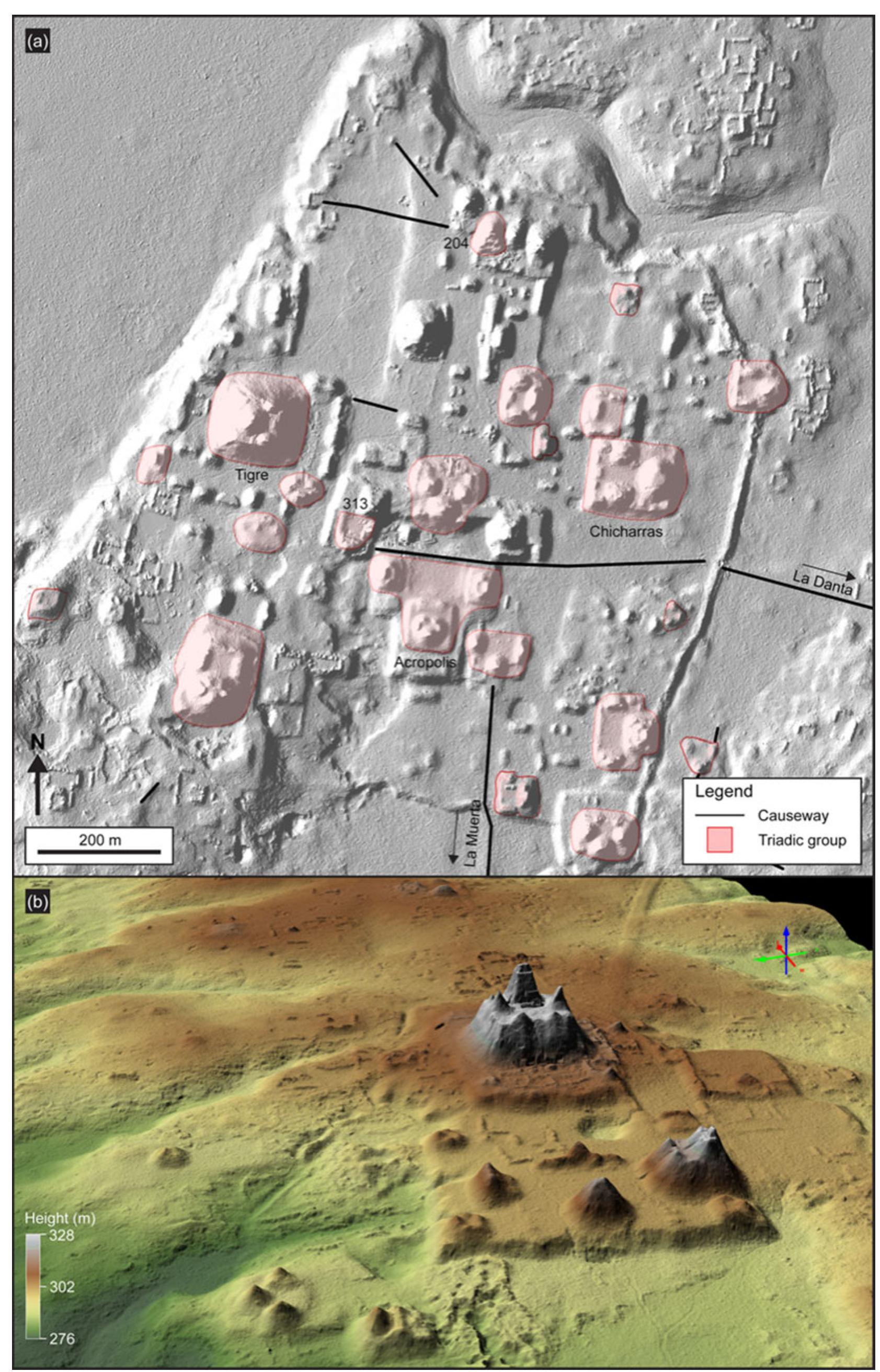 Triadic structures in el mirador: (a) lidar image showing