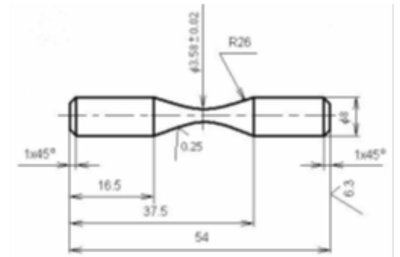 Geometry and dimensions of fatigue test specimens, in mm.