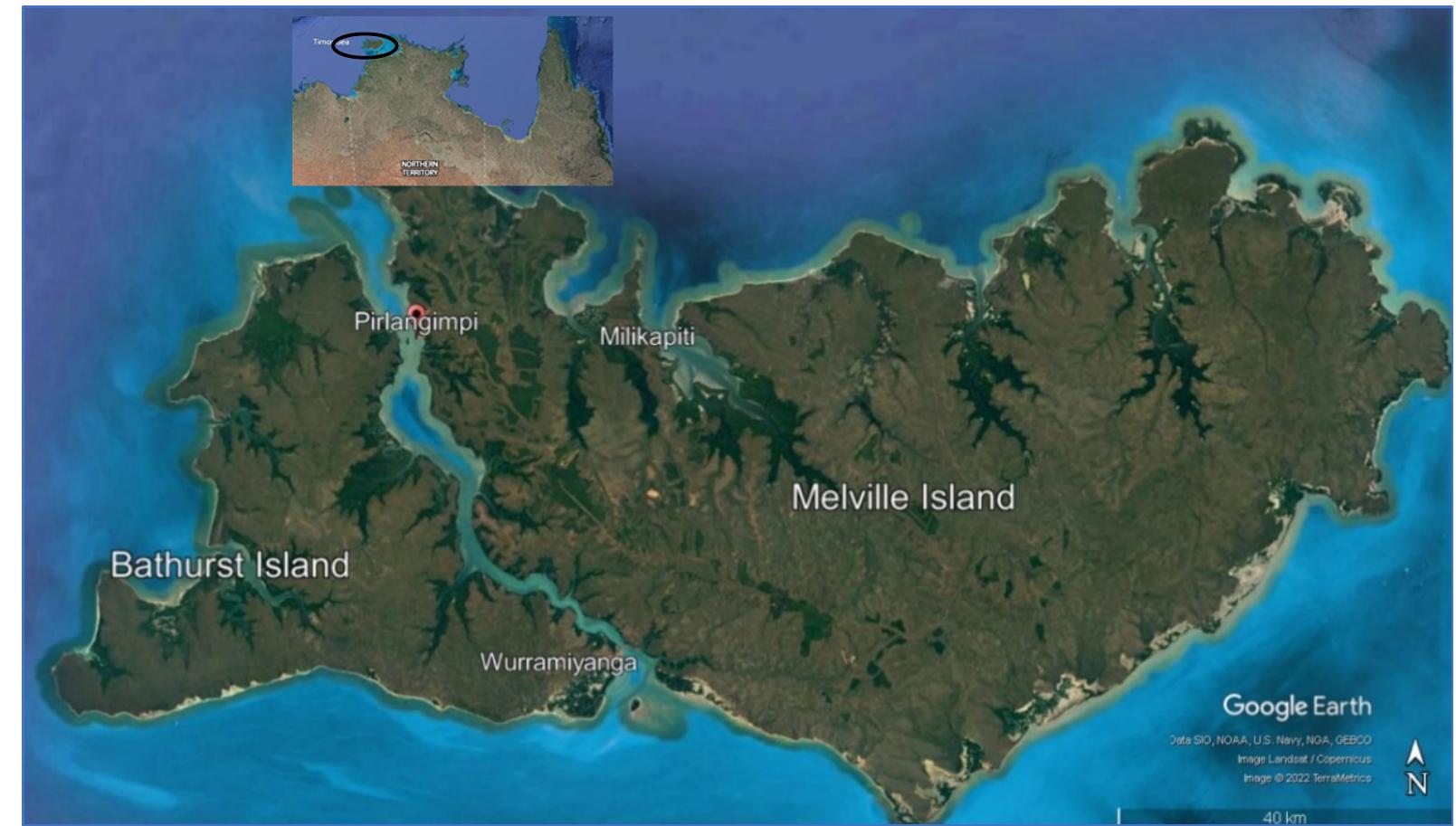 Map of the tiwi islands with an inset map of northern