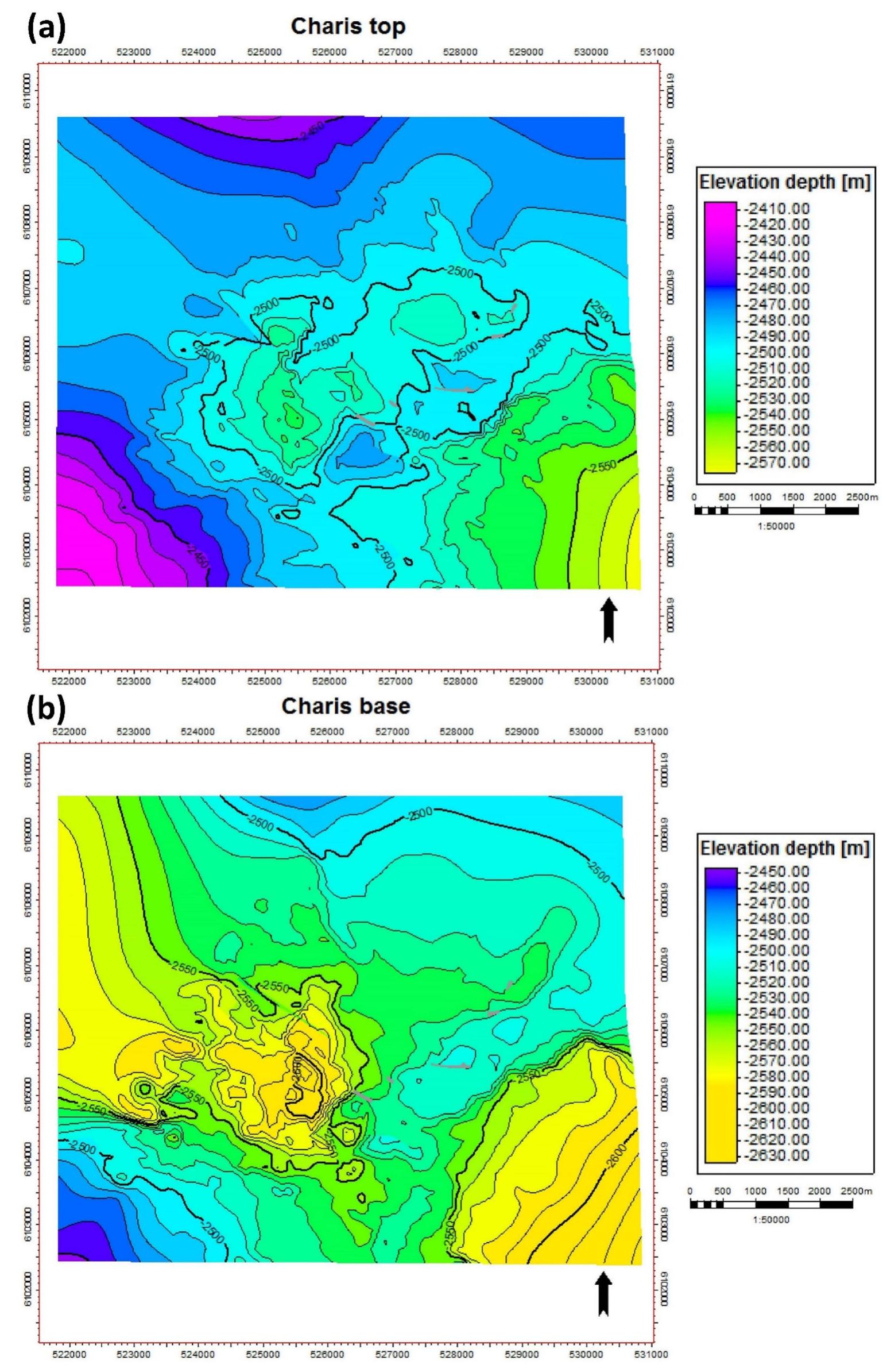 Depth structure maps of charis reservoir: (a) top; (b) base.