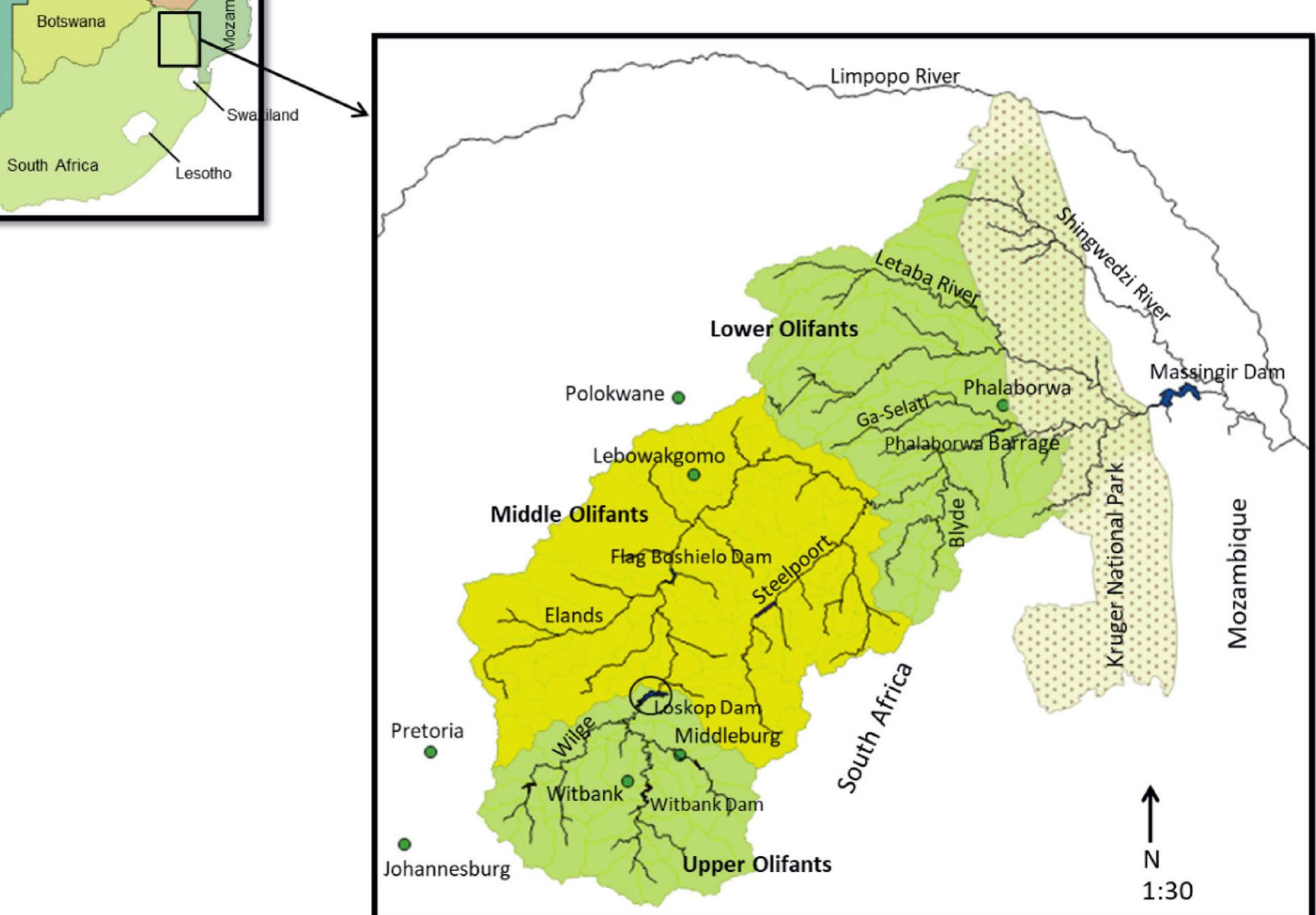 The olifants river catchment map with loskop dam encircled.