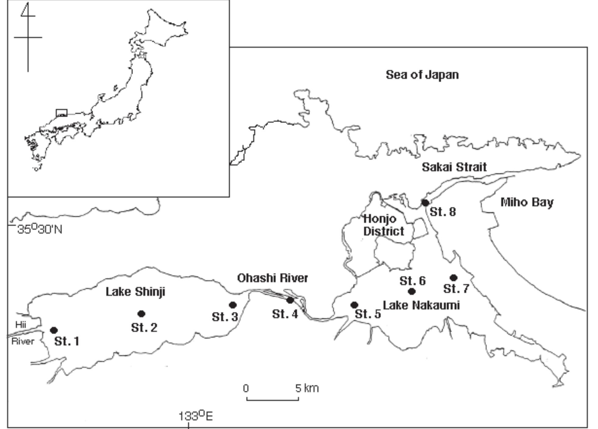Map of the brackish-water system consisting of lake shinji,