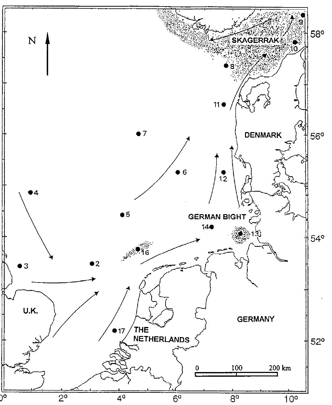 Map of the north sea showing the sampling locations and